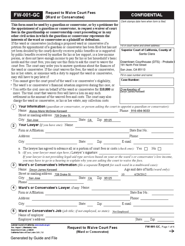 FW-001-GC Fee Waiver Request - Child 1 | PDF | Conservatorship | Legal ...