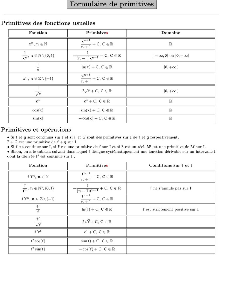Formulaire 2 Formulaire de Primitives | PDF