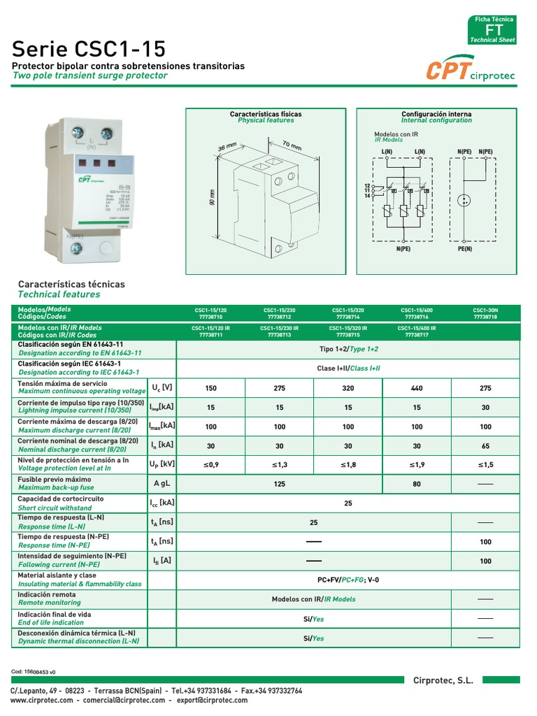 Protector Bipolar Sobretensiones CSC1-15 | PDF | Electricidad | Ingenieria Eléctrica