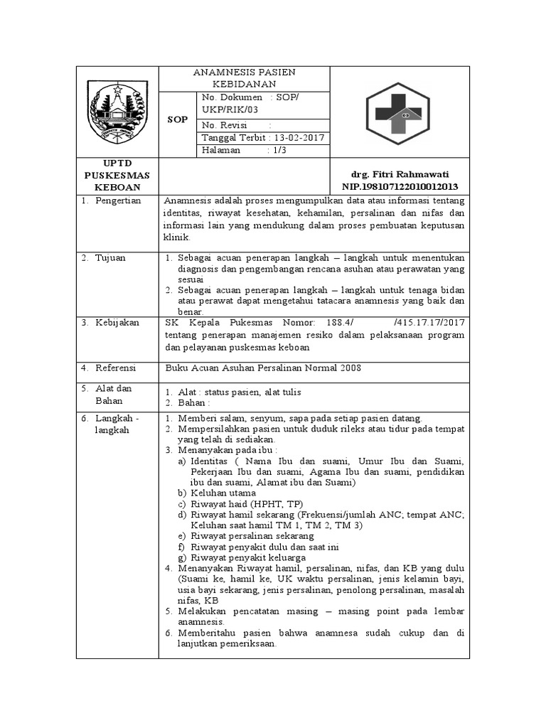 Sop 03 Anamnesis Pasien Kebidanan | PDF