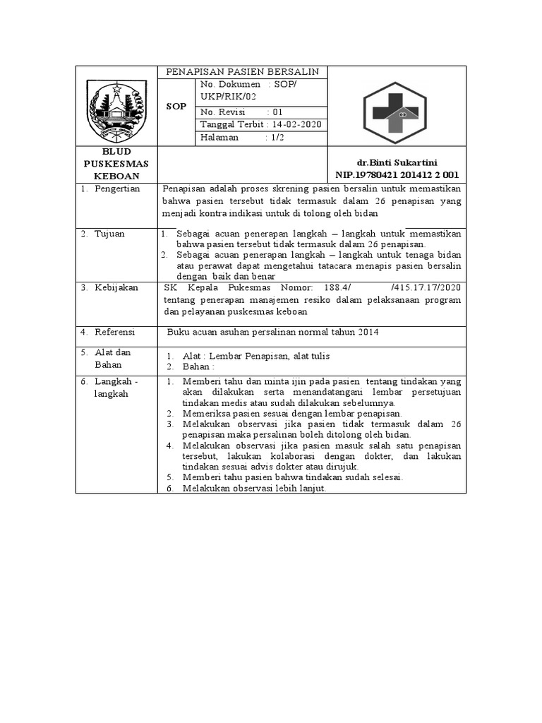 Sop 02 Penapisan Pasien Bersalin Revisi | PDF