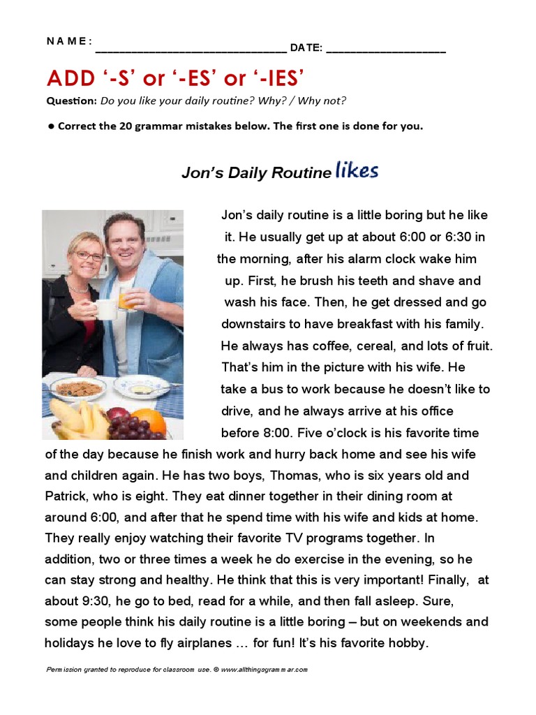 Editing Practice Add - S or - ES or - IES Jon's Daily Routine | PDF