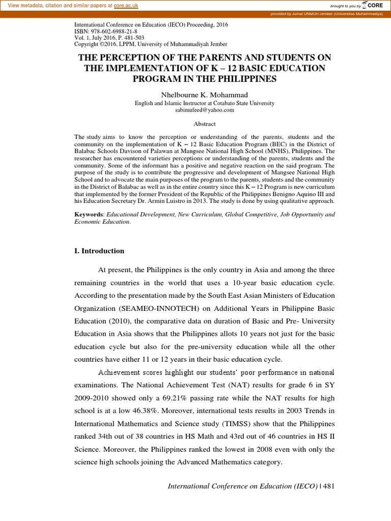 The Perception of The Parents and Students On The Implementation of K - 12 Basic Education ...