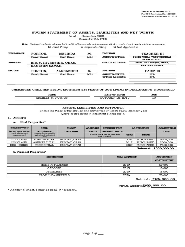 Saln Sample | Download Free PDF | Net Worth | Business