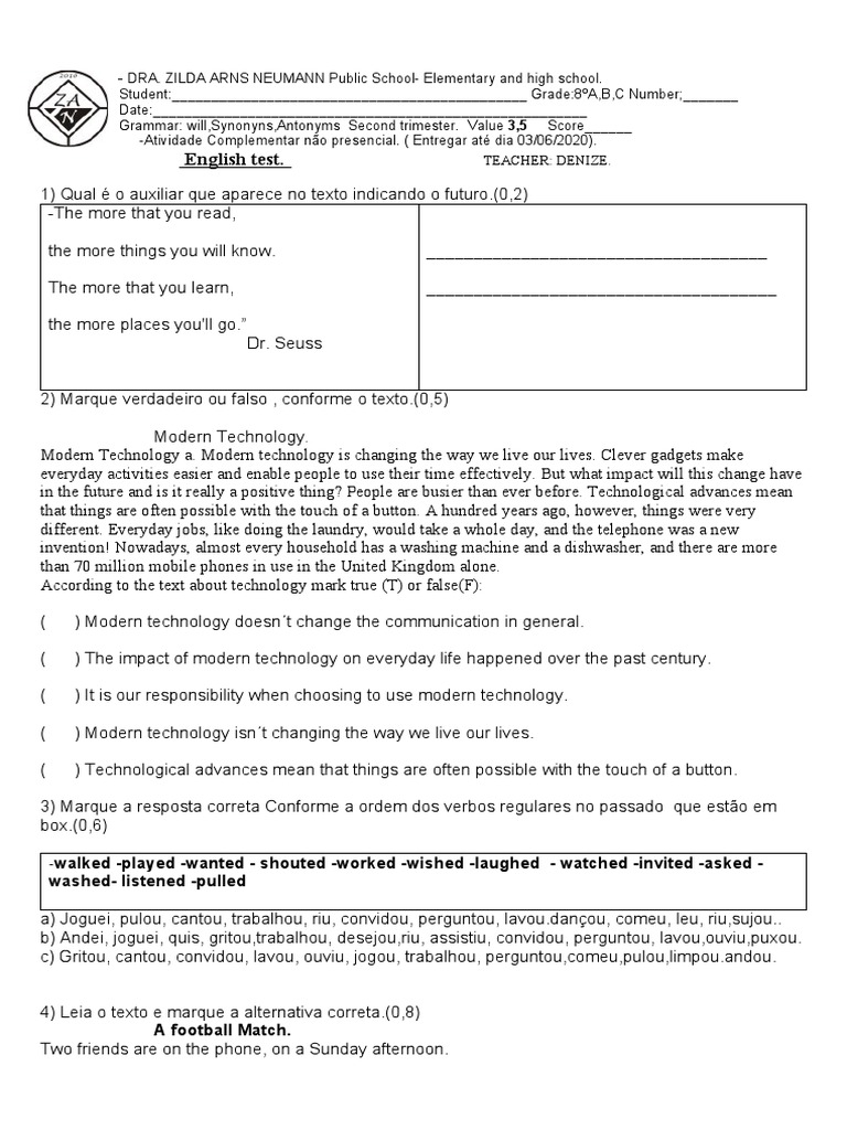 English Work-1 Trimestre02-8ano2020 | PDF