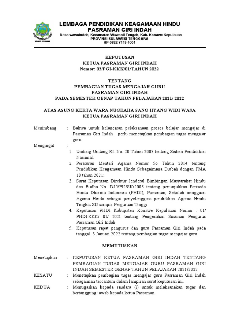 Contoh SK Beban Kerja Pembagian Tugas Guru Pasraman | PDF