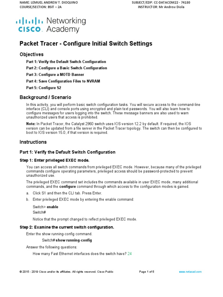 2 5 5 Packet Tracer Configure Initial Switch Settings Answered Pdf