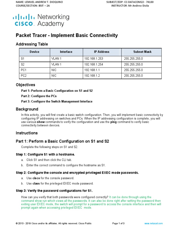 2.7.6 Packet Tracer - Implement Basic Connectivity (ANSWERED) | PDF