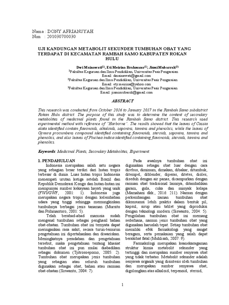 Jurnal Tanaman Peneltian Tentang Senyawa Metabolit Sekunder Dony Afriansyah - 201030700030 | PDF