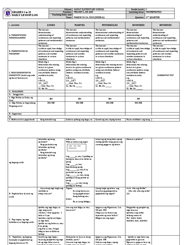 DLL - Mathematics 1 - Q3 - W6 | PDF | Learning | Cognitive Science