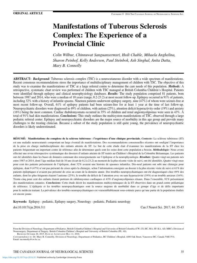 Manifestations of Tuberous Sclerosis Complex The Experience of A ... Manifestations of Tuberous Sclerosis Complex The Experience of A ...