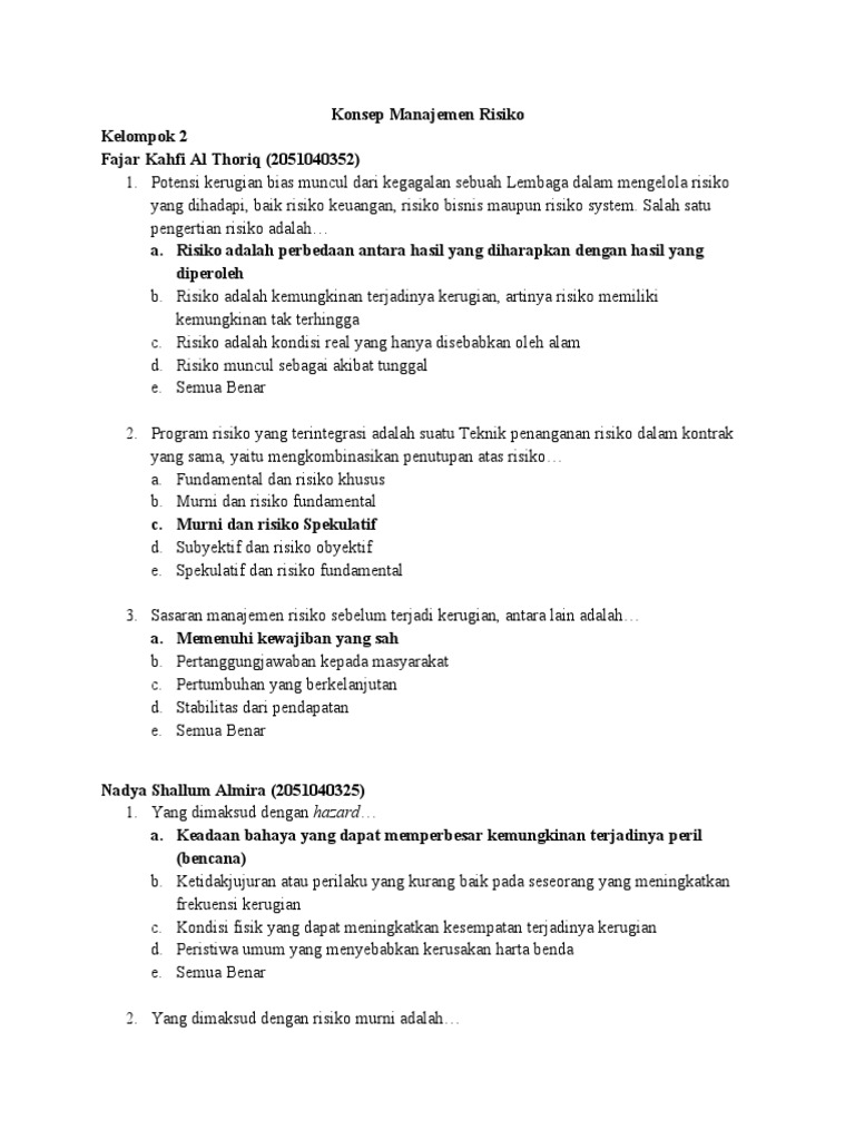 Soal UAS Pilgan Manajemen Risiko MBS E | PDF