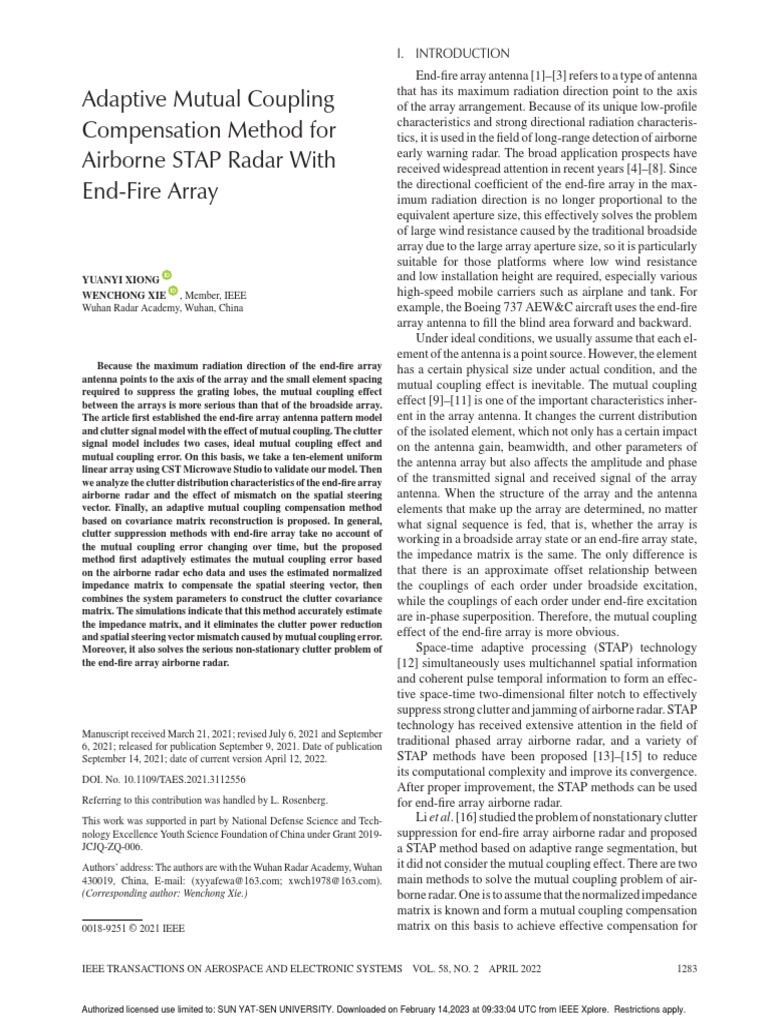 Adaptive Mutual Coupling Compensation Method For Airborne STAP Radar With End-Fire Array | PDF ...