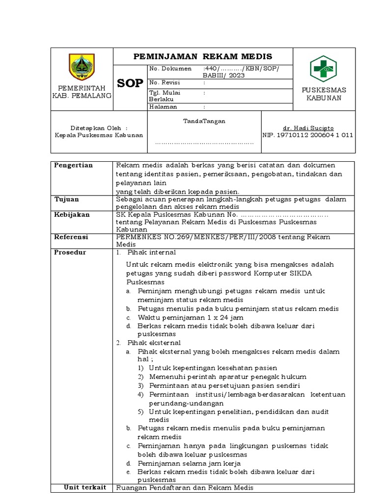 Sop Peminjaman Rekam Medis | PDF