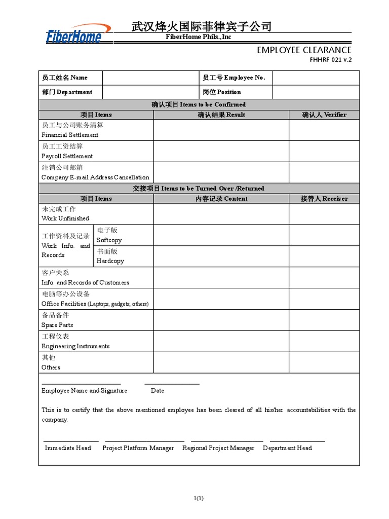 Handover Checklist of Employees Clearance- FHHRF 021 v.2 | PDF