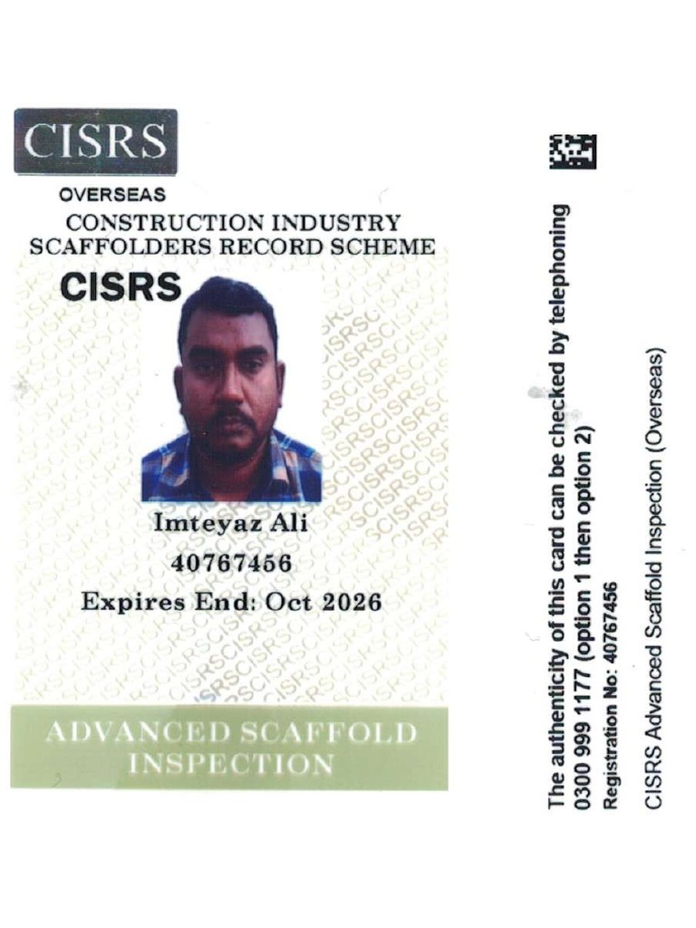 Valid CISRS OSTS Third Party Card & Certificate (Advanced Scaffolding Inspector, Basic ...