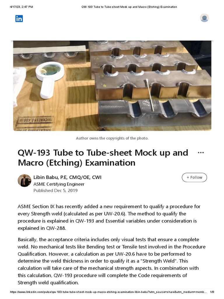 QW-193 Tube To Tube-Sheet Mock Up and Macro (Etching) Examination | PDF ...