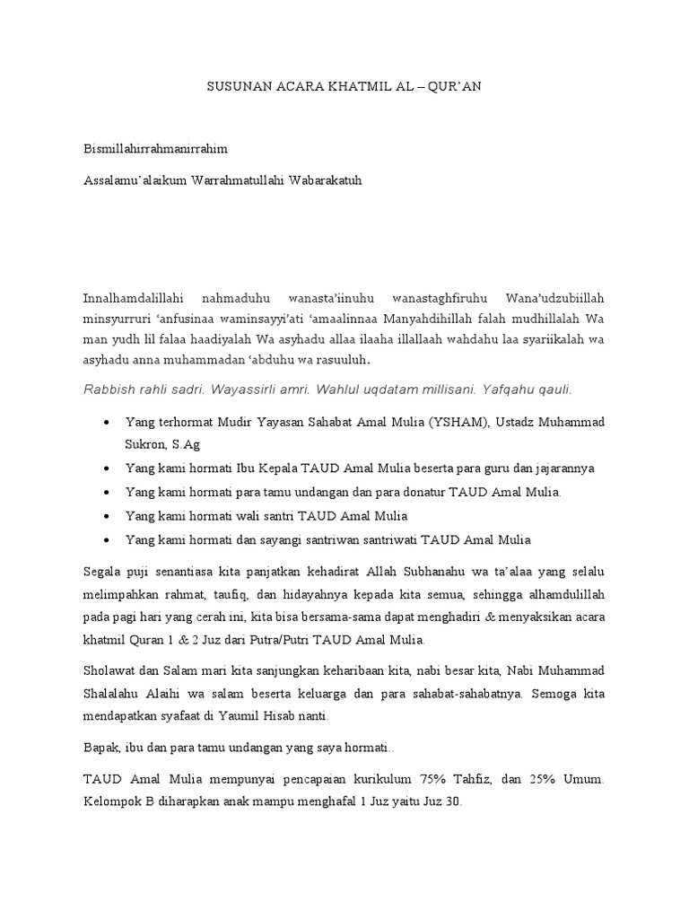Acara Khatmil Al-Qur'an TAUD Amal Mulia | PDF