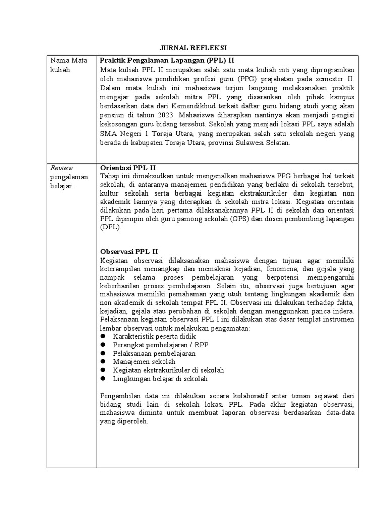 Jurnal Refleksi PPL 2 | PDF