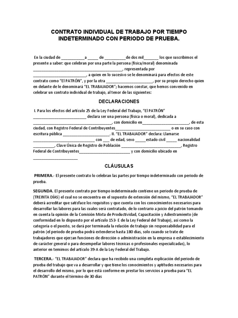 CONTRATO INDIVIDUAL DE TRABAJO POR TIEMPO INDETERMINADO CON PERIODO DE PRUEBA | PDF