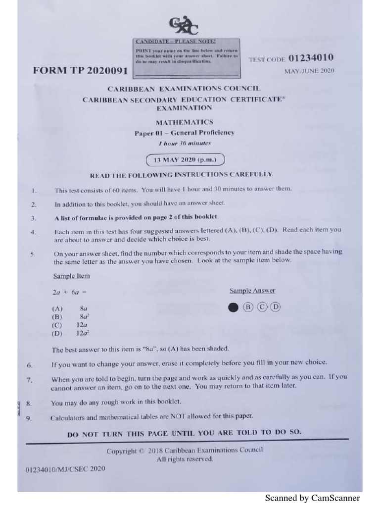 CSEC Math Paper 1 2020 | PDF