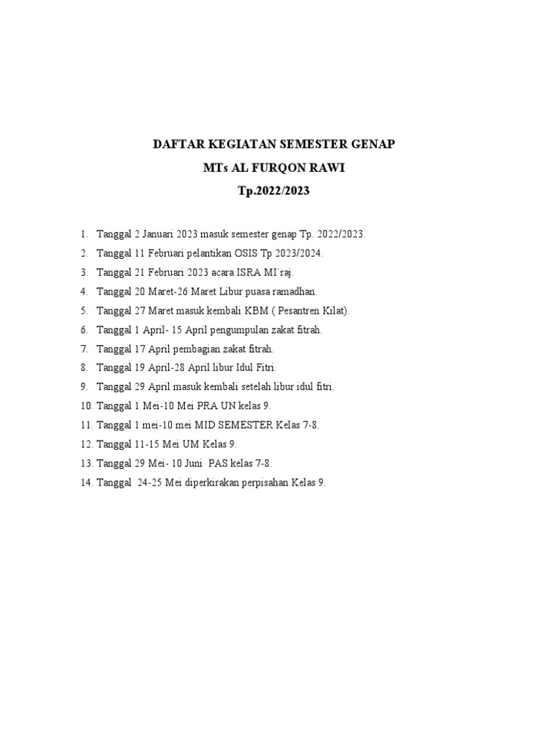 Daftar Kegiatan Semester Genap | PDF