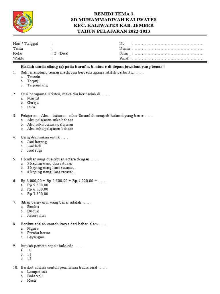 Soal Remidi Tema 3 Kelas 2 SD Muhammadiyah | PDF