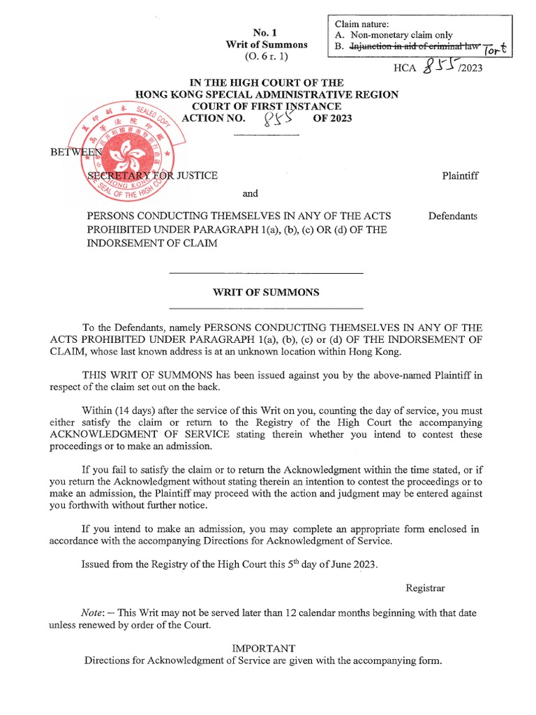 Glory To Hong Kong Gov't Writ | PDF | Writ | Legal Remedy