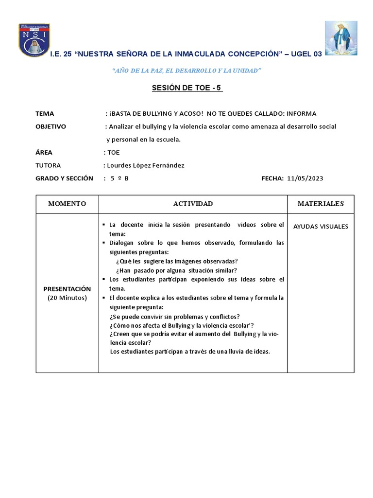 Sesión de Toe - 5°b - Bullying y Violencia Escolar | PDF | Violencia ...