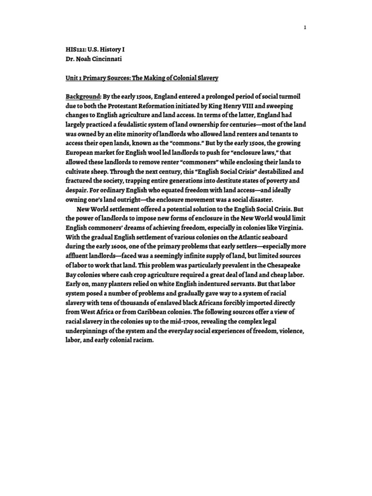 HIS121 Primary Sources - Unit 1 - The Making of Colonial Slavery | PDF ...