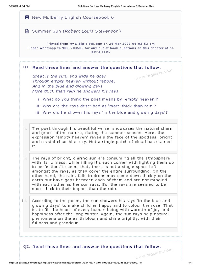 Solutions For New Mulberry English Coursebook 6 Summer Sun | PDF