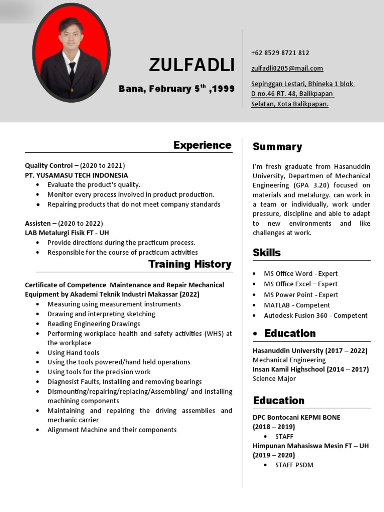 CV ATS ZULFADLI English | PDF | Physical Sciences | Engineering
