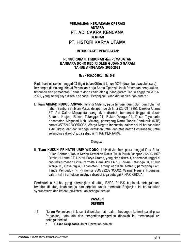 PERJANJIAN KSO PT Adi Cakra - PT Histori | PDF