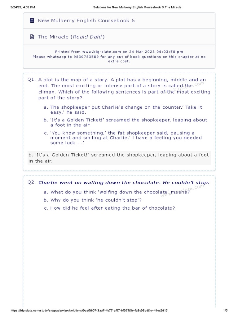 Solutions For New Mulberry English Coursebook 6 The Miracle | PDF