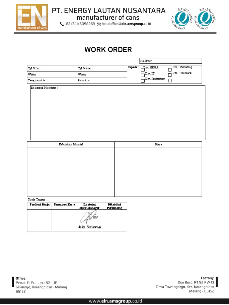 Work Order untuk Divisi Perusahaan | PDF