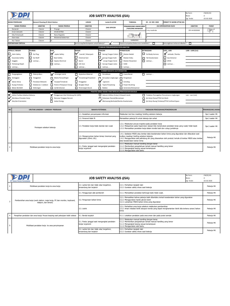 Sc.43 Job Safety Analysis (Jsa) 5 - 10 Desember 2022 | PDF