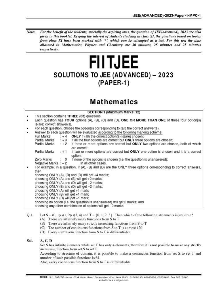 Solution For JEE ADVANCED Paper 1 | PDF
