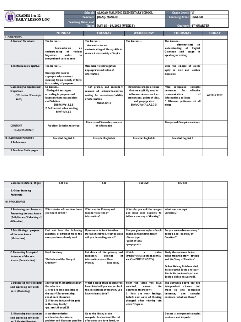 DLL - English 6 - Q4 - W3 | PDF | Learning | Information DLL - English 6 - Q4 - W3 | PDF | Learning | Information
