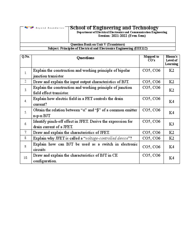 School of Engineering and Technology: Questions | PDF | Bipolar Junction Transistor | Field ...