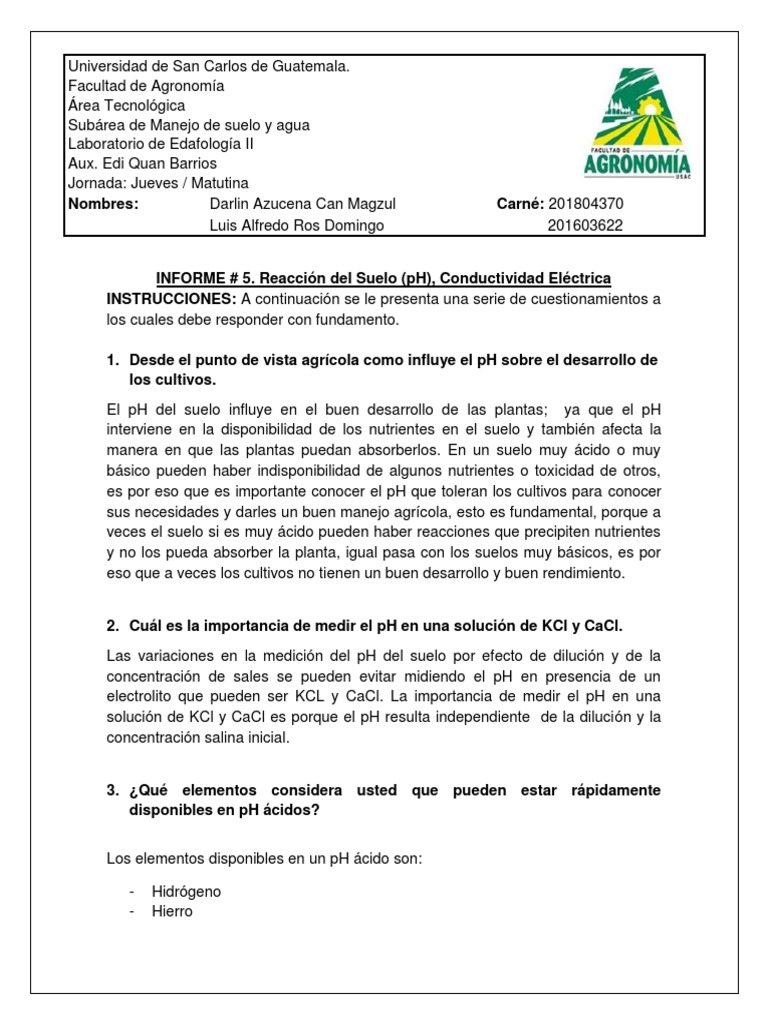 Informe No. 5 Reacción Del Suelo (PH) y Conductividad Eléctrica | PDF | Ph | Fertilizante