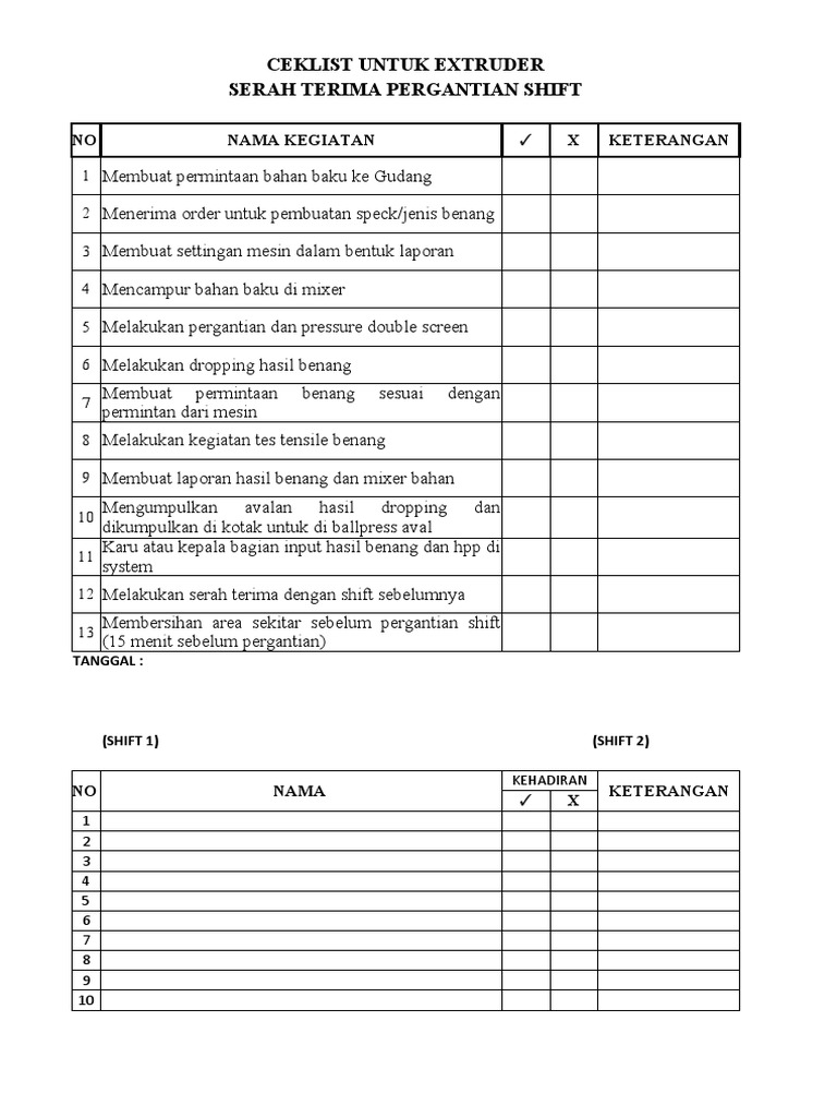 Form Ceklist Pershift | PDF | Komputer | Teknologi & Rekayasa
