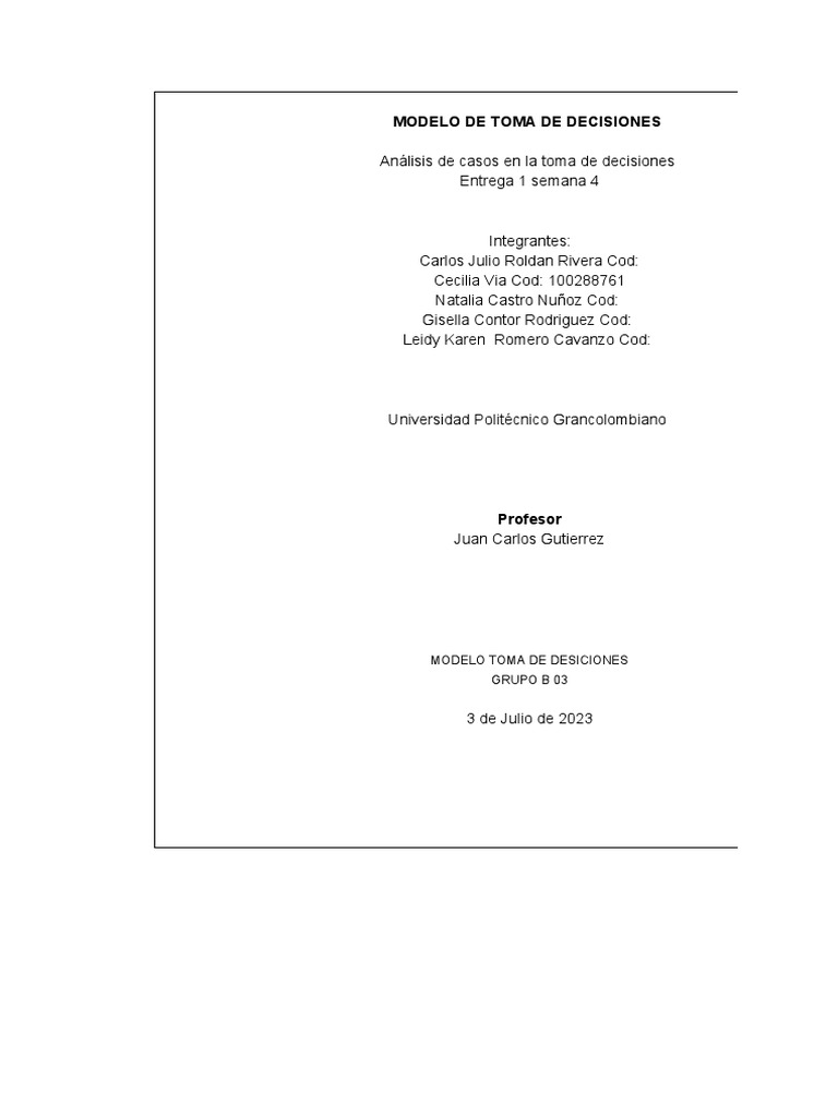 Entrega 1 Modelo Toma de Decisiones K | PDF