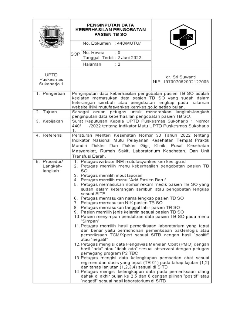 Sop Penginputan Data Keberhasilan Pasien TB So | PDF