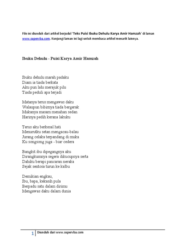 Teks Puisi Ibuku Dehulu Karya Amir Hamzah | PDF