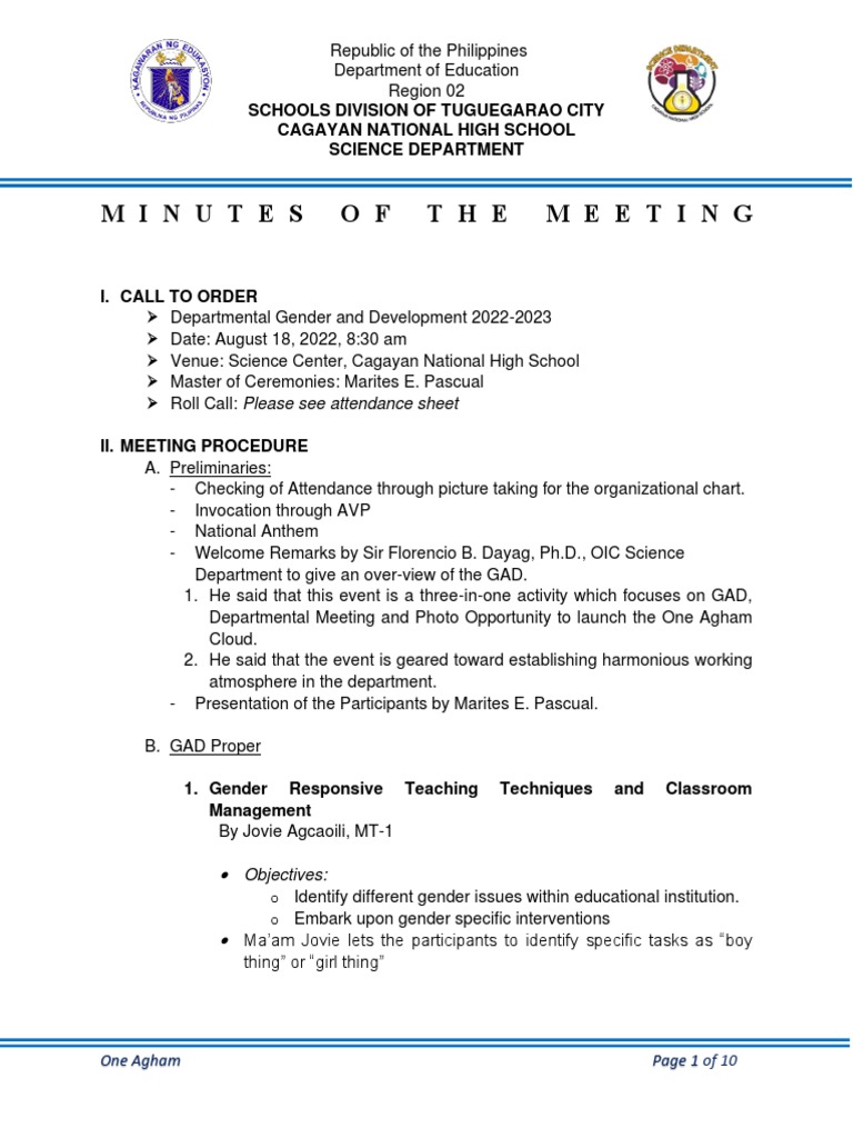 Minutes of The Meeting Gad | PDF | Teachers | Learning