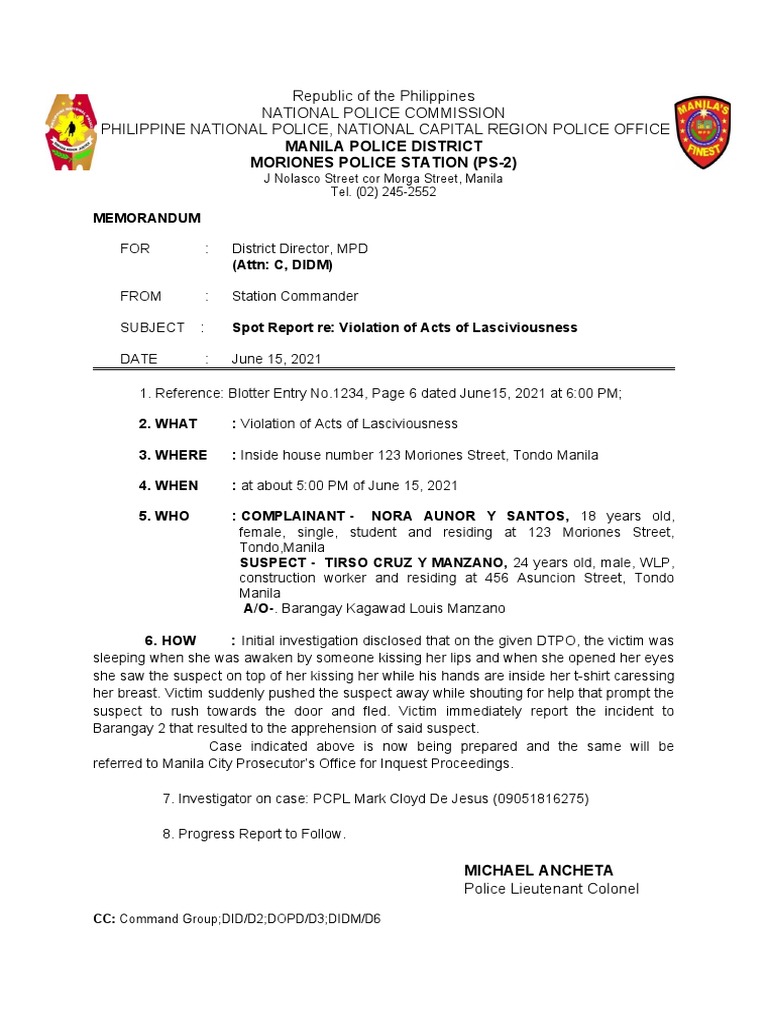 Manila Police Report: Acts of Lasciviousness | PDF | Affidavit | Common Law