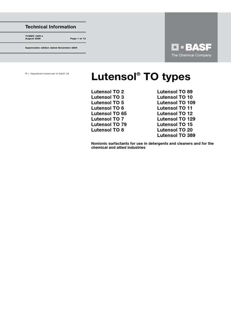 Lutensol To Series | PDF | Emulsion | Detergent