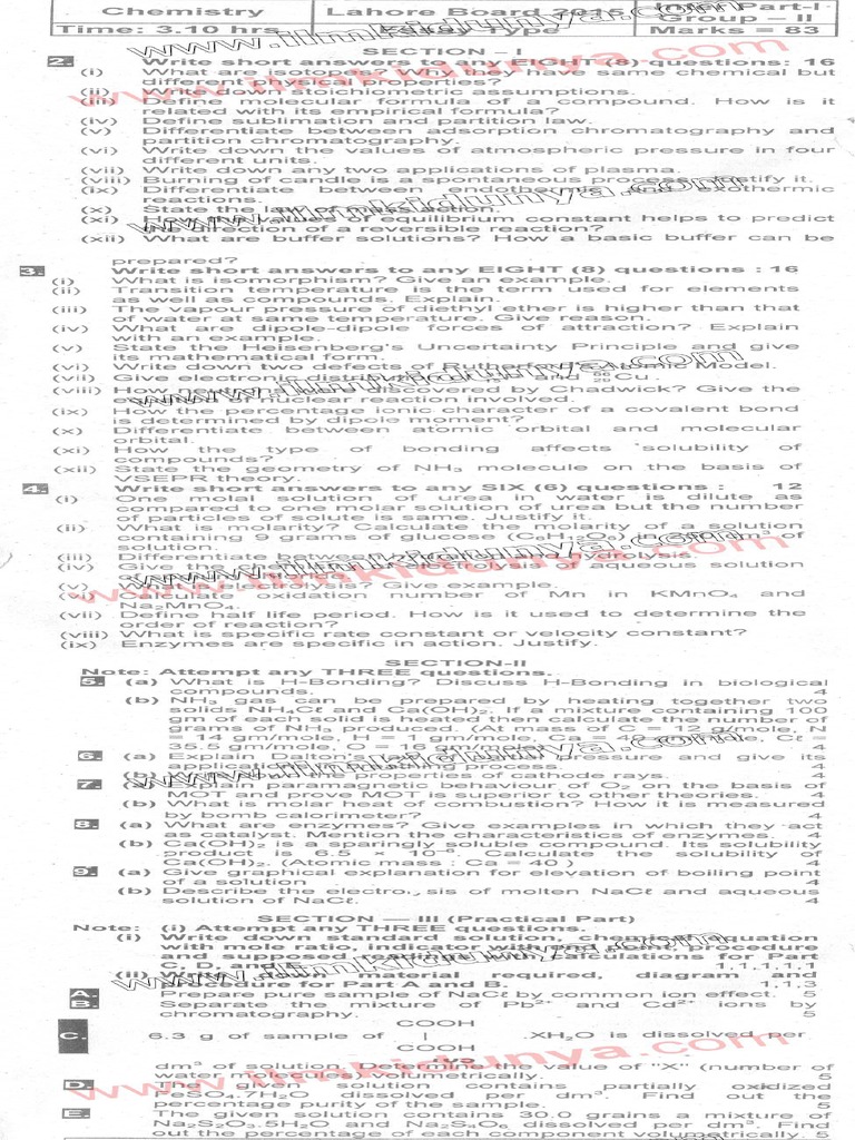 Past Papers Lahore Board 2015 Inter Part 1 Chemistry Subjective Group 2 ...