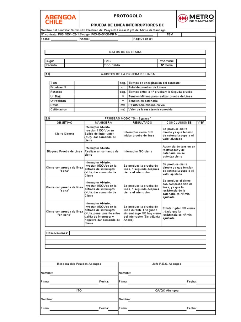 Protocolo Prueba De Linea Interruptores Dc Pdf Cantidades Fisicas