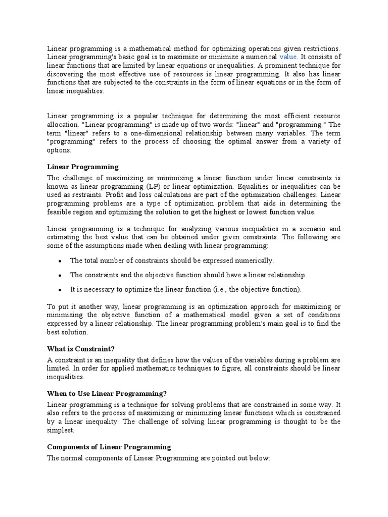 Linear Programming Is A Mathematical Method For Optimizing Operations Given Restrictions Pdf 